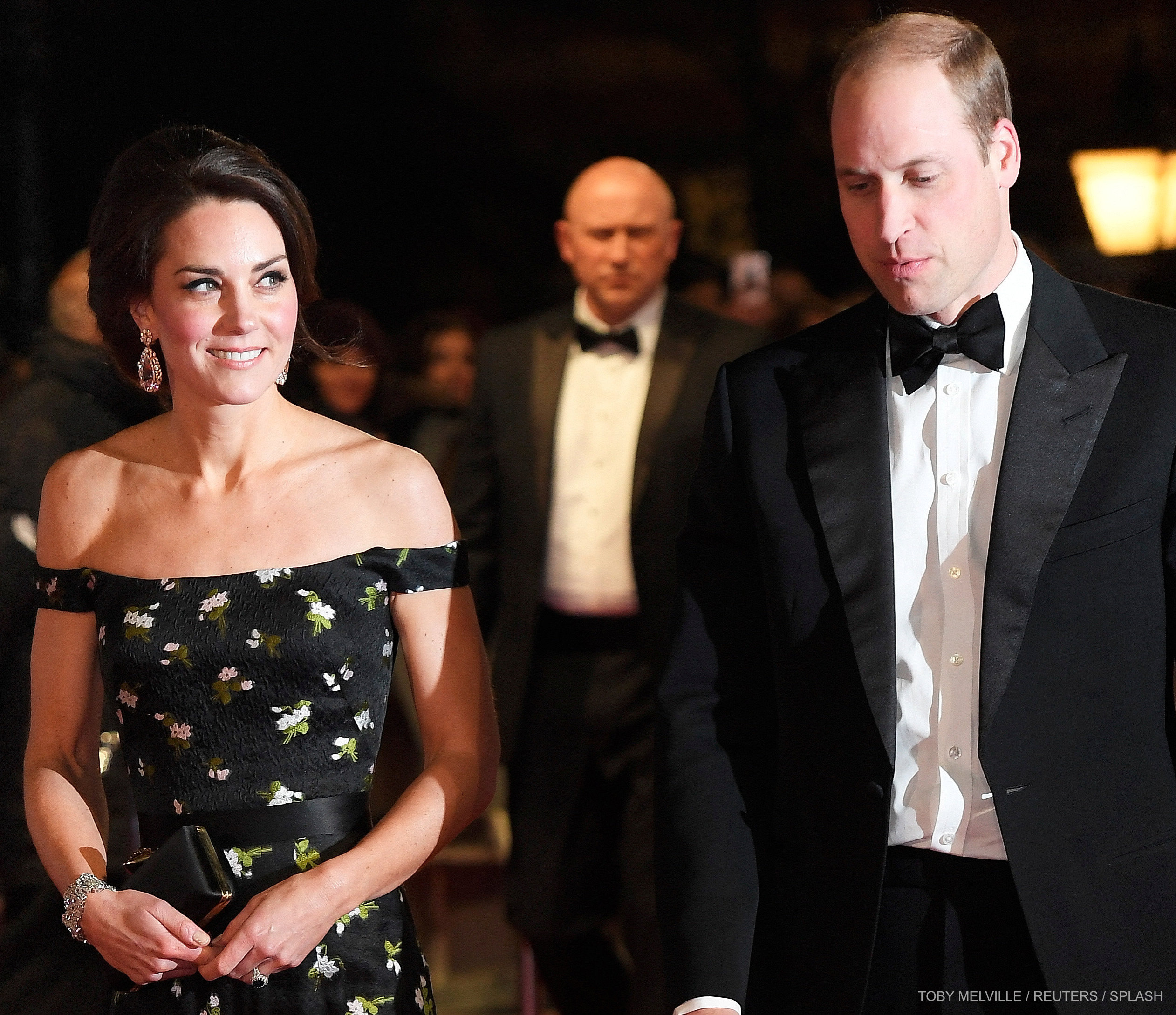 Kate wears an off-shoulder Alexander McQueen dress for the 2017 BAFTAs