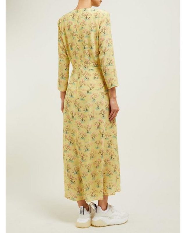 Yellow Raey dress worn by Kate Middleton, featuring an acid tree print