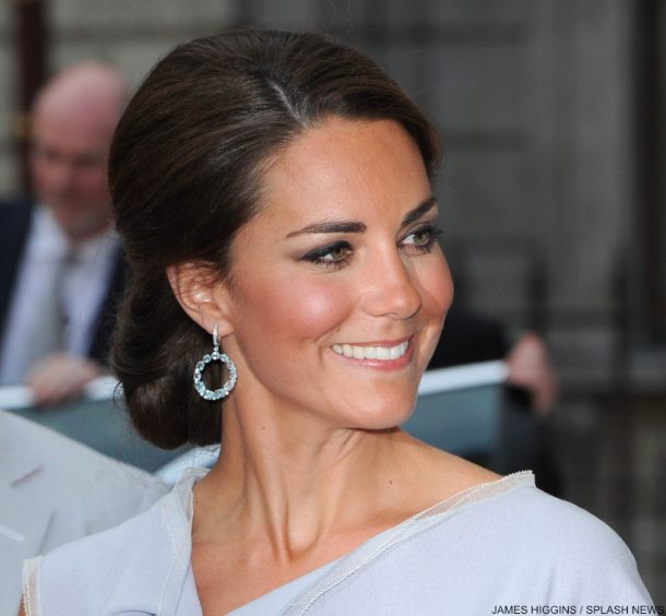 Kate Middleton wearing Kiki McDonough Lola blue topaz hoop earrings