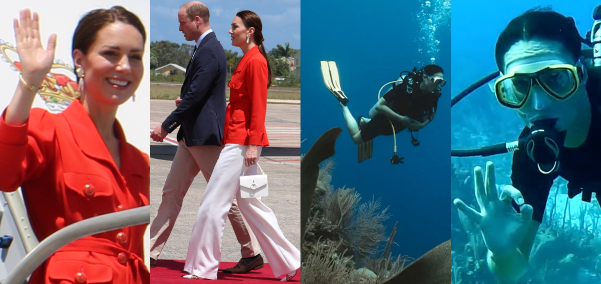 Kate Middleton's Red Jacket & White Trousers leaving Belize + Sea Diving