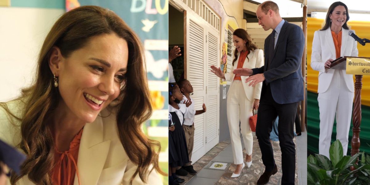 Kate Middleton white suit by McQueen & orange accessories in Jamaica