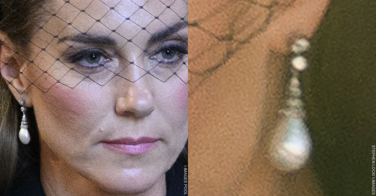 Kate Middleton wears pearls and black veil to Queen’s procession service