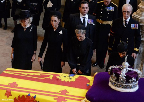 Kate Middleton wears pearls and black veil to Queen’s procession service