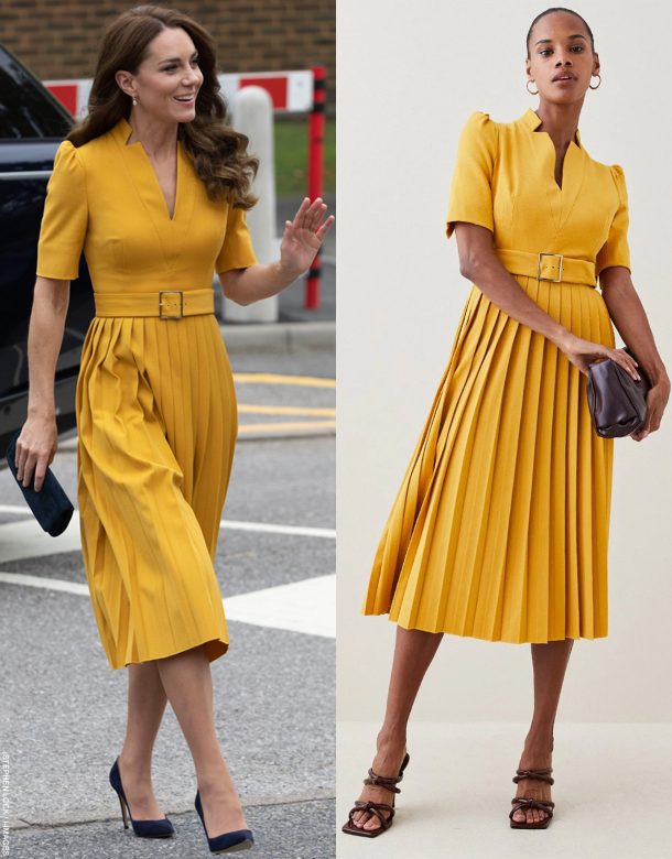 Kate Middleton visits hospital wearing yellow Karen Millen dress