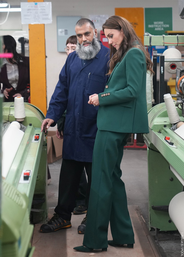 Kate Middleton visits textile mills wearing grey checked suit