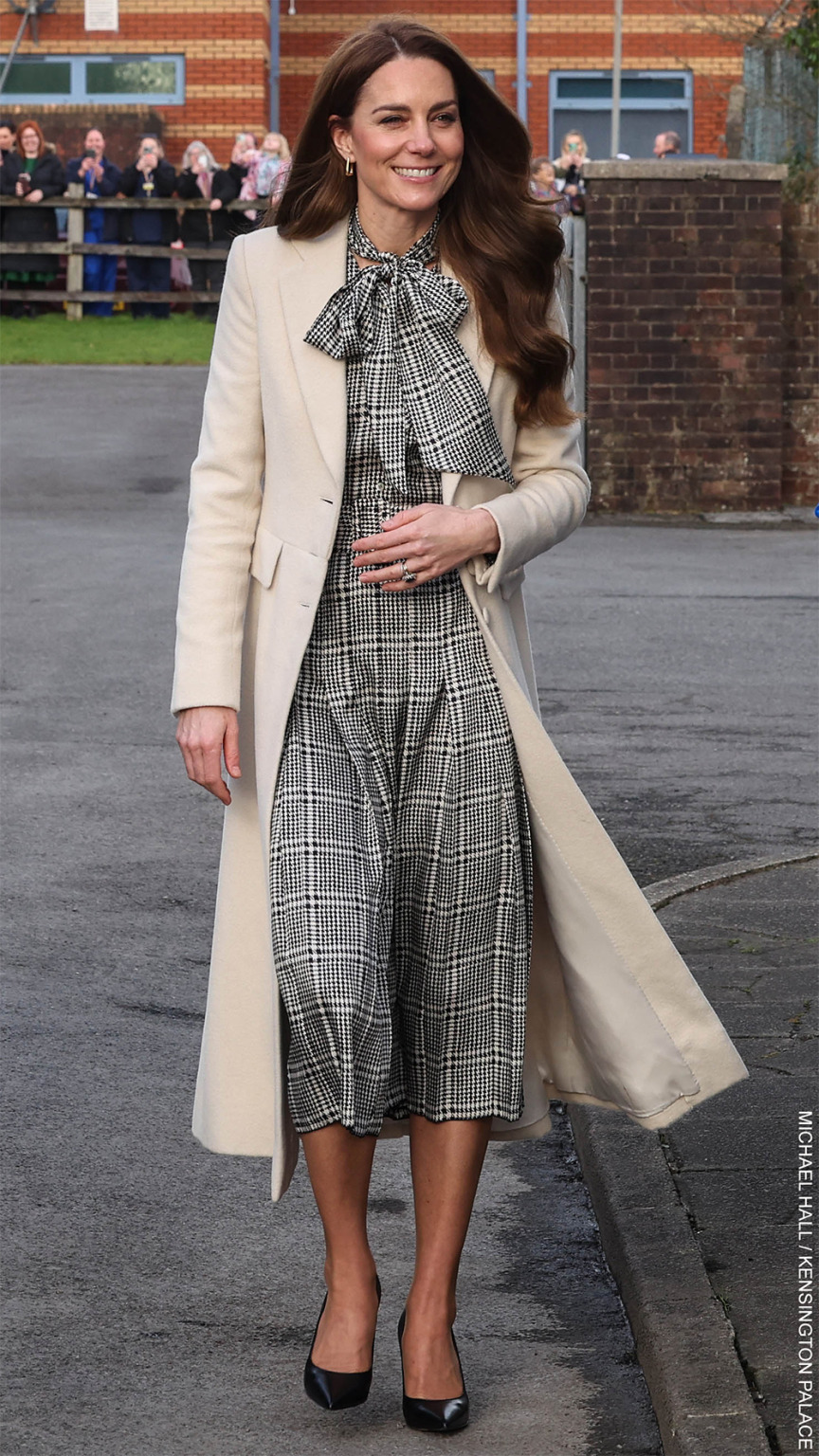 Kate Middleton Returns to South Wales in Chic Houndstooth Zara Dress