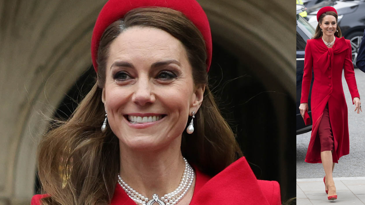 Kate Middleton returns to Commonwealth Day service wearing red repeats and historic pearls