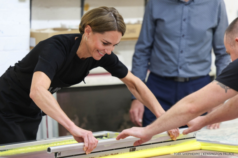 Kate Middleton visits textile mills wearing grey checked suit