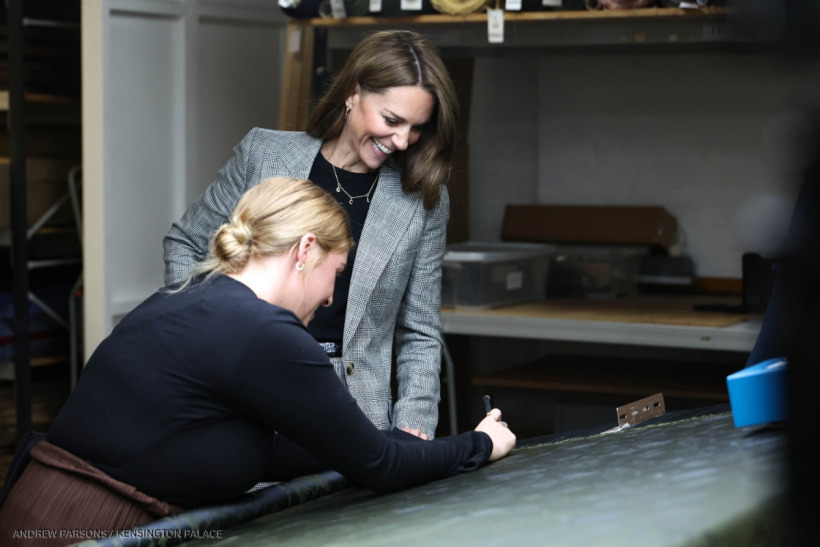 Kate Middleton visits textile mills wearing grey checked suit