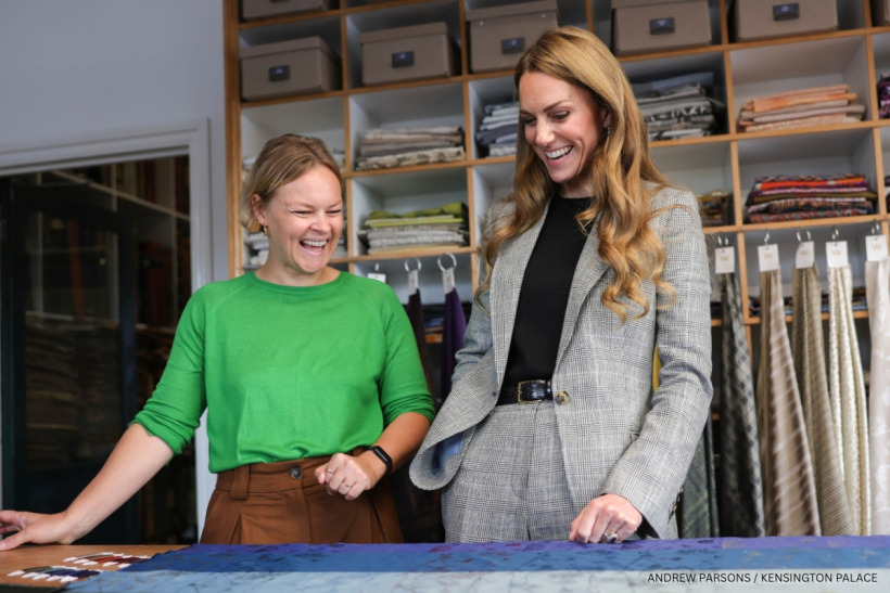 Kate Middleton visits textile mills wearing grey checked suit