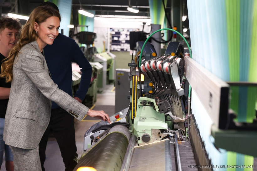 Kate Middleton visits textile mills wearing grey checked suit