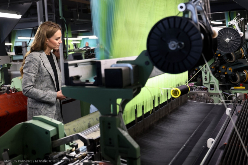 Kate Middleton visits textile mills wearing grey checked suit