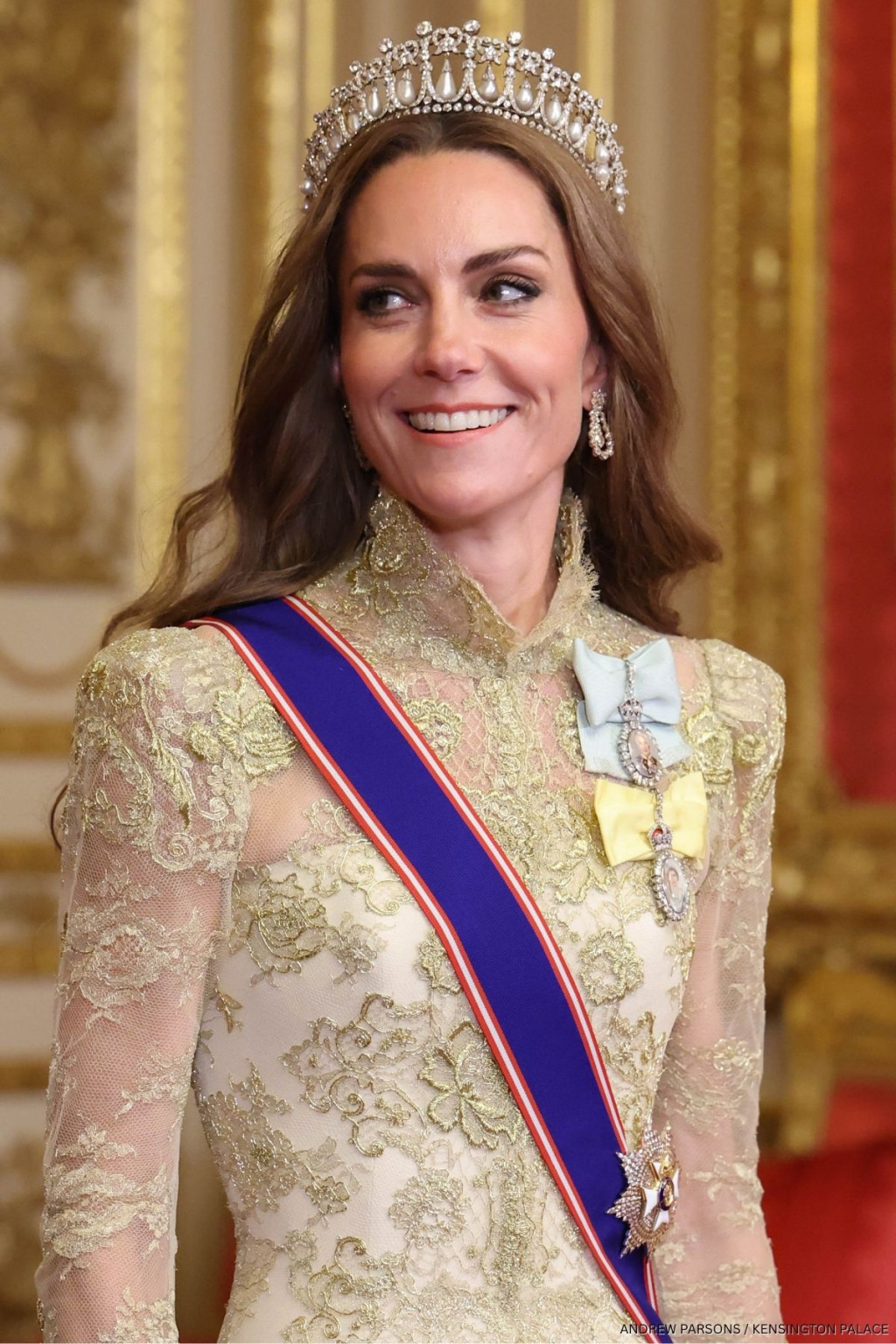 Kate Middleton Dazzles in Golden Floral Gown and Sparkling Tiara at US ...