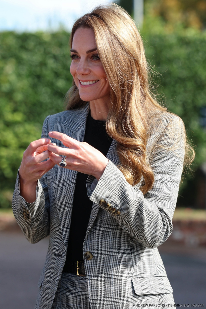 Kate Middleton visits textile mills wearing grey checked suit